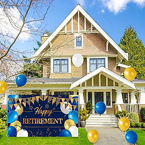 Happy Retirement Party Decorations Backdrop - Extra Large Retirement Decorations Banner Blue and Gold Happy Retirement Banner Party Supplies Photo Backdrop Background for Men, 70.8 x 43.3 Inch