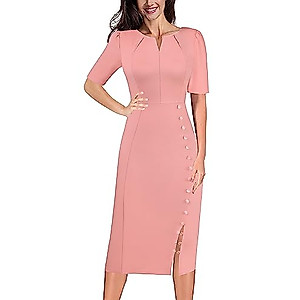 VFSHOW Womens Wear to Work Buttons Slit Pleated Notch V Neck Flattering Business Party Office Church Slim Bodycon Pencil Sheath Midi Dress (Peach Pink, X-Large) 10246 PIK XL