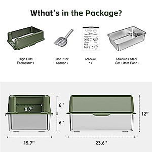 Stainless Steel High Side Cat Litter Box, Enclosed Large Litter Box for XL Big Cats, Easy Clean Metal Kitty Litterbox with Scoop