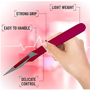 MedHelp Disposable Scalpel 11, Pack of 20 Dermaplaning Tool for Face with Burgundy Plastic Handle, Scalpel Blades #11, High Carbon Steel ● Box of 20