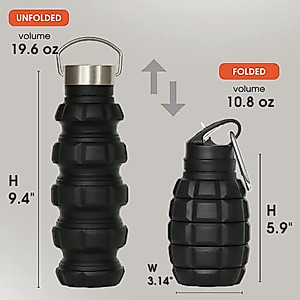 Collapsible Water Bottle 19.6oz - Gift Box, 2 Lids, Carabiner - Leak Proof Water Bottles for Veteran's Day - Reusable Water Bottles with Military Style - Travel Water Bottles - Gifts for Men (Black)
