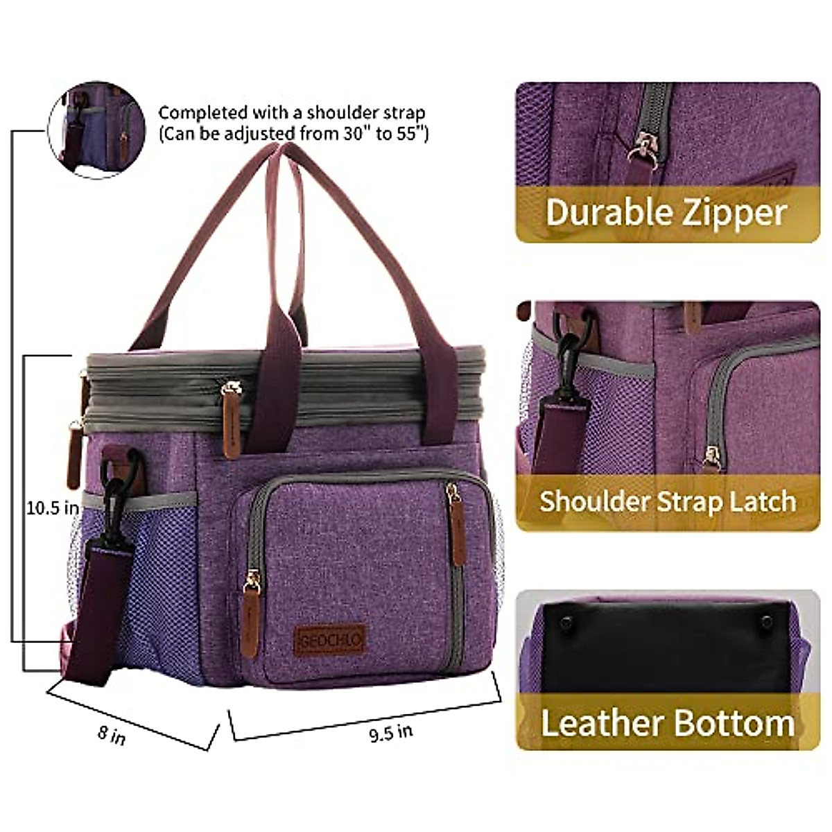 Geochlo Insulated Lunch Bag for Women Men, Lunch Box Leakproof Cooler Tote with Shoulder Strap for Work Picnic School (Purple)