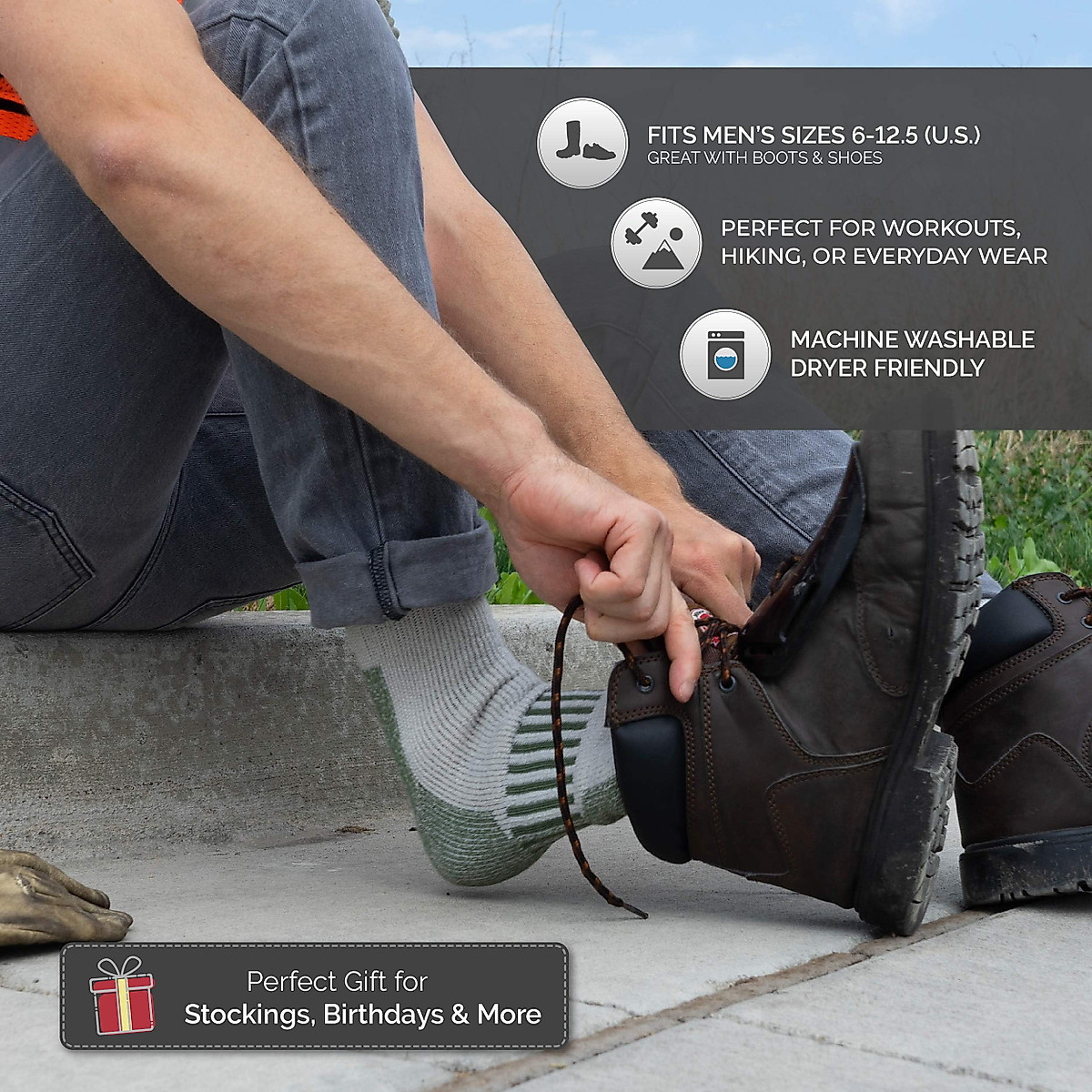 HOT FEET 4 Pack Work Socks for Men & Women - Breathable Boot Hiking Socks, Moisture Wicking Thick Wool Socks, Sizes 6-12.5, Man, Green & Brown