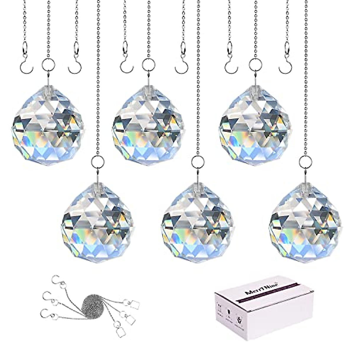 MerryNine 6 Pcs Clear Crystal Ball Prism Sun Shine Catcher Rainbow Pendants Maker, Hanging Crystals Prisms for Windows, for Feng Shui, for Gift (1.6"/40mm 6Pack)