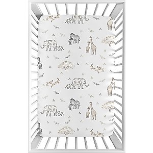 Sweet Jojo Designs Jungle Safari Animals Boy Girl Fitted Mini Crib Sheet Baby Nursery Portable Crib Pack Play Brown Taupe Black and White Gender Neutral Elephant Giraffe Wildlife Adventure Serengeti