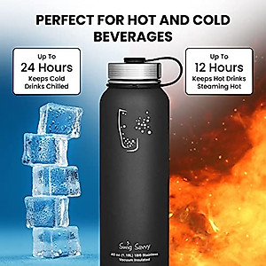 Swig Savvy Sports Water Bottle, Vacuum Insulated Stainless steel, Double Wall Wide Mouth Leakproof Lid - 40oz (Black)