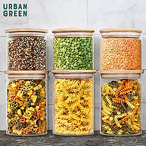 Urban Green Glass Storage Container Bamboo Lids, Glass Airtight Canisters sets, Glass Jar with Lids, Food Jars, Pantry Organization and Storage Containers, Spice Jars, Flour Canisters of 6