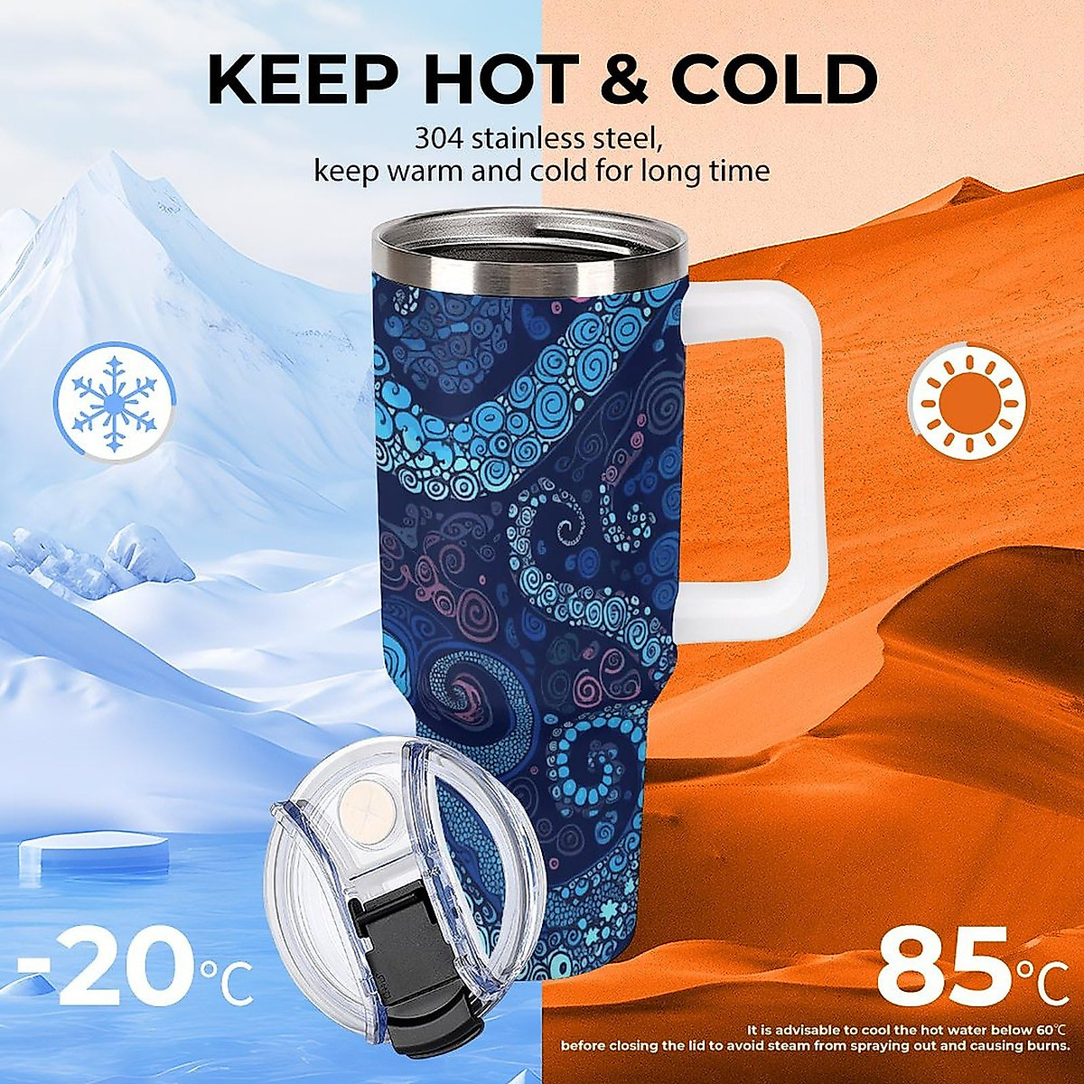 LLUTSNTH 40 Oz Vacuum Tumbler with White Handle Leakproof Insulated Tumbler Blue Octopus Stainless Steel Travel Mug with Lid And Straw Coffee Cup Cute Water Bottles Cup Holder Friendly