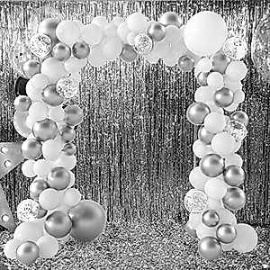 FEPITO 108 Pcs White Silver Balloon Garland Arch Kit 5 10 12 18 Inches Pastel White Silver Confetti Balloons for Birthday Wedding Bridal Showers Baby Shower Party Decorations