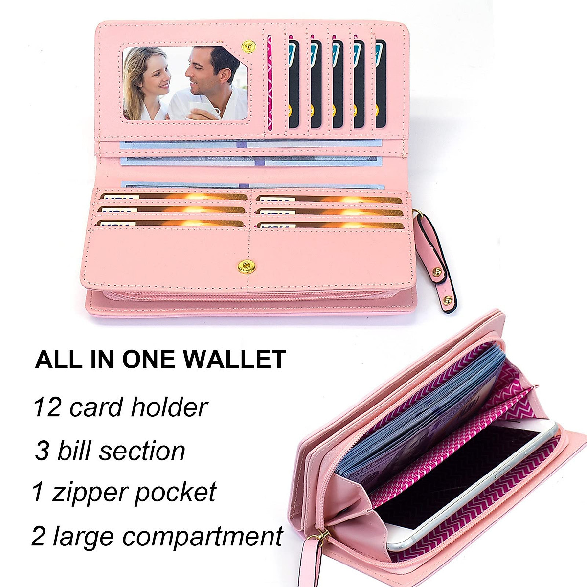 Valentoria® Birthday Gifts for Women's Mini Faux Leather Bifold 3 Cat Design Clutch Wallet(Long Pink)