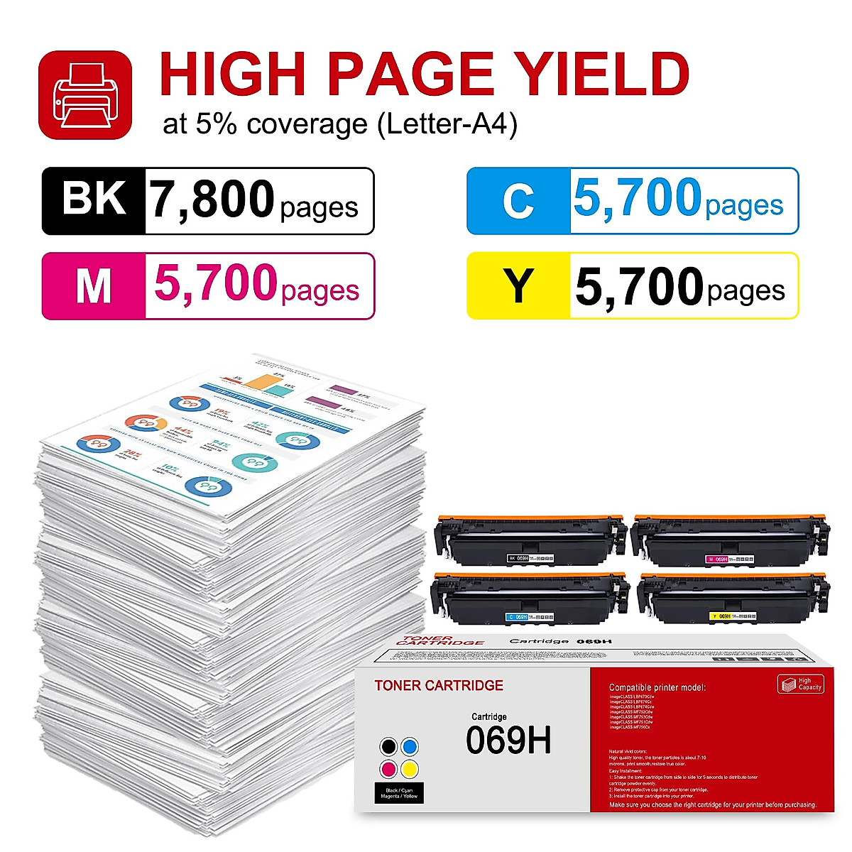 4 Pack 069H BK/C/M/Y Toner Cartridge Compatible 5098C001 5097C001 5095C001 5096C001 Toner Cartridge Replacement for Canon imageCLASS LBP673Cdw LBP674Cx LBP674Cdw MF752Cdw MF753Cdw Printer