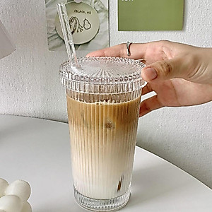 MEFFE Ribbed Glass Stem-ware, Glass Tumbler Stripe Glass Cup, Elegant Ribbed Glass Tumblers, Ribbed Glass Drinking Jars, Coffee Cup With Lid and Straw Drinking Glasses for Iced Coffee, Milk, Tea, Jui