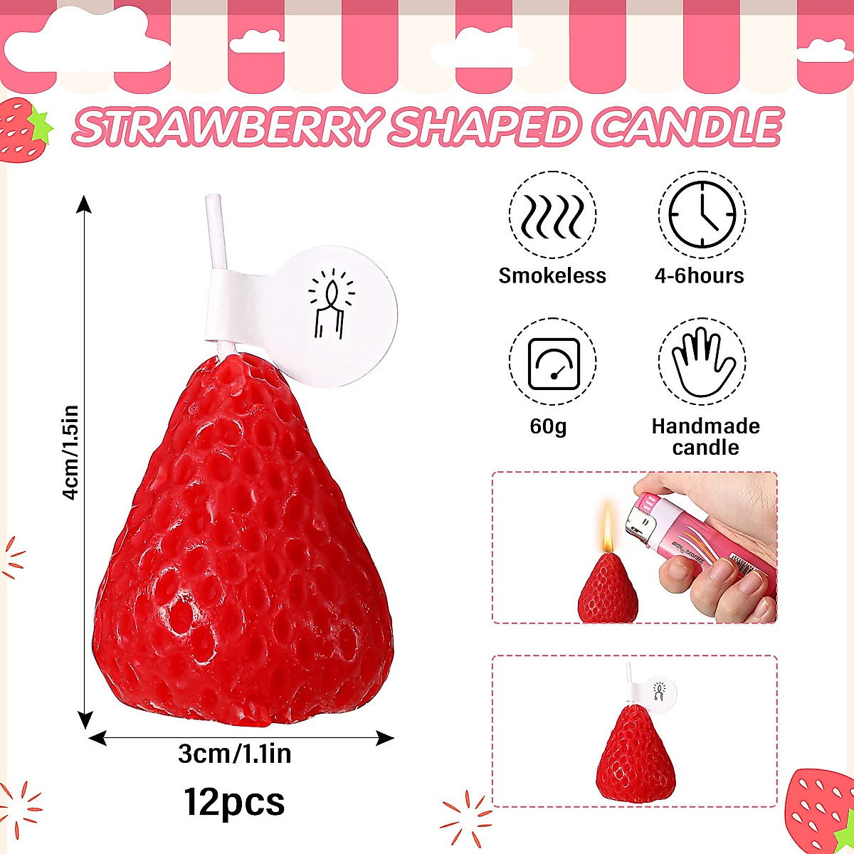 MTLEE Set of 12 Strawberry Candle Strawberries Shaped Scented Candle Mini Fruit Soy Wax Candle Decorative Cute Candle for Birthday Bath Spa Aesthetic Party Wedding Gift Home Decor Stress Relief, Red