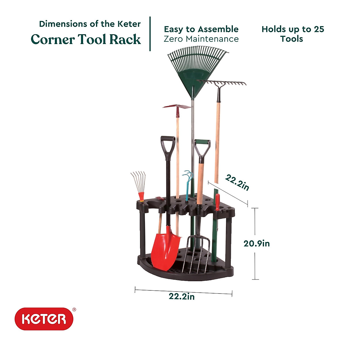Keter Compact Corner Tool Rack for Maximum Storage and Organization - Easy to Assemble and Organize 25 Long-Handled Garden Tools, Rakes, Brooms, Shovels and Accessories