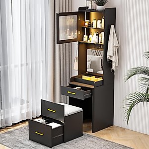 JDPAG 3-in-1 Vanity Desk with Mirror and Lights, Makeup Vanity Table with Cushioned Stool, Compact Dressing Table Writing Desk for Small Spaces, Vanity Set for Bedroom
