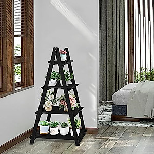 Babion 4-Tier Ladder Shelf, Bookshelf for Small Spaces, Wooden Ladder Bookcase, Storage Rack, Plant Stand Floor Freestanding, Flowerpot Storage Shelf (Black)