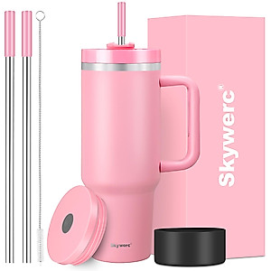40 oz Tumbler with Handle and Straw, 2 Lids (2 in 1 & LeakProof Lid) - Vacuum Insulated Stainless Steel Double Wall Water Bottle Travel Coffee Mug - Christmas Holiday Gifts for Women Mom Grandma, Pink