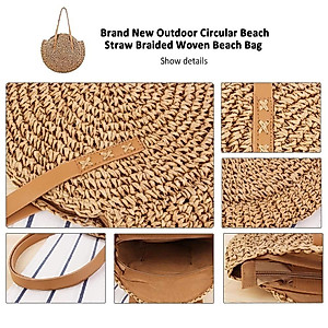 Women's Straw Handbags Large Summer Beach Tote Woven Round Pompom Handle Shoulder Bag(Khaki)