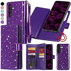 Varikke Compatible with Samsung Galaxy A14 5G Case, Detachable Magnetic Wallet Case with Card Holder, Kickstand, Wrist Strap, Glitter PU Leather Flip Phone Cover for Women Men, 6.6 Inch, Dark Purple