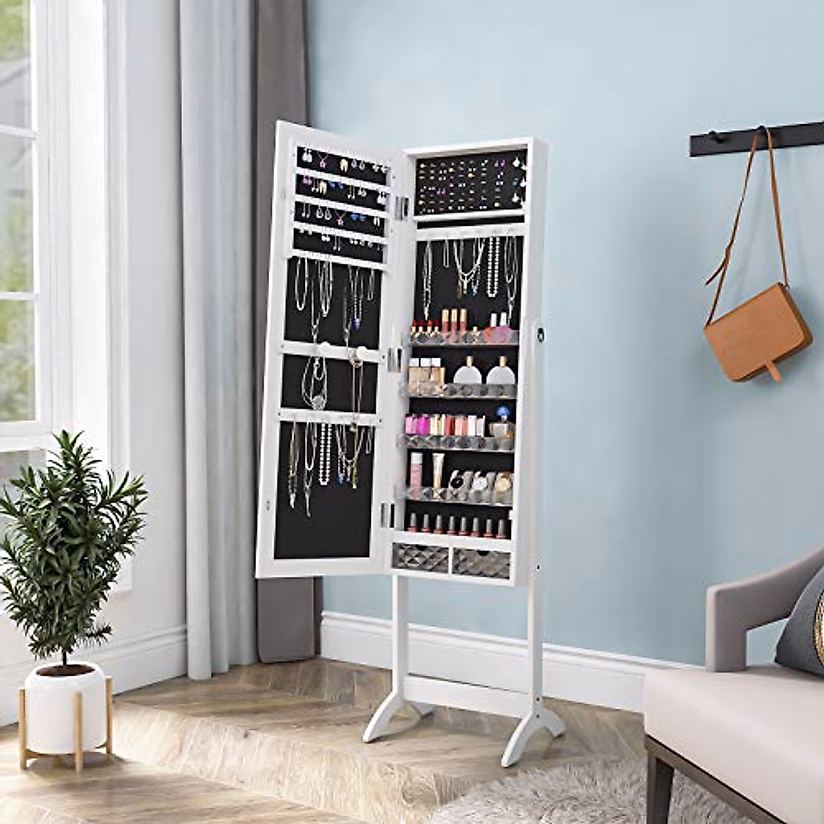 YITAHOME 2 in 1 Jewelry Cabinet with Full Length Mirror, Standing Large Capacity Jewelry Armoire Organizer with 2 Drawers, 3 Angle Adjustable, White