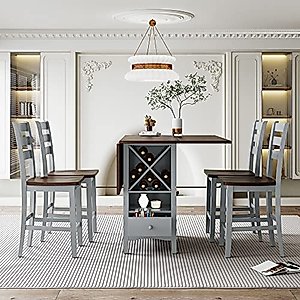 XD Designs Farmhouse 5-Piece Counter Height Dining Table Set, Soild Wood Drop Leaf Kitchen with Wine Rack & Drawers, 4 Chairs Ladder Full Back, Space-Saving (Cherry+Gray)