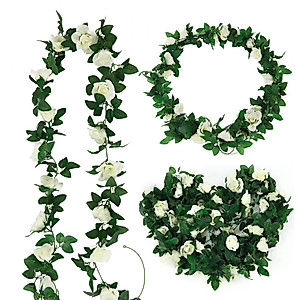 Flower Vines Rose Garland Silk Flowers White Flower Garland Faux Flowers Decor Indoor Fake Vines With Fake Flowers Artificial Flowers Outdoor Home Wedding Party Garden Wall Decoration(4 Pack /30.4 Ft)