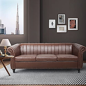 ONCIN Chesterfield Sofa for Living Room, 3 Seater Sofa Couch Faux Leather Fabric Home Seating Couch Sofa for Home Furniture (Dark Brown)