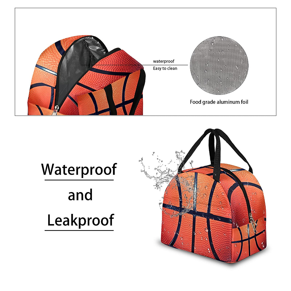 Basketball Lunch Bag Box, Sports Ball Lunch Box Insulated Cooler Bag Tote Bag Lunch Holder Handbag Organizer Lunchbox for Women Men Outdoor Picnic Beach Work School