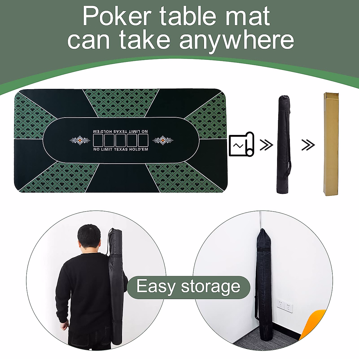 CONTINUE Poker Table Mat 8-10 Players Texas Hold'em Poker Mat Professional Poker Mat Anti-Slip Rubber Poker Table Top Layout with Carrying Bag for Poker Games, Blackjack, Casino （Rectangle Green）