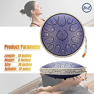 BURNING&LIN Steel Tongue Drum Tongue Drum 15 Notes 14 Inches Handpan Drum Percussion for Meditation Yoga Musical Education for Adult& Kids(Lotus Purple)