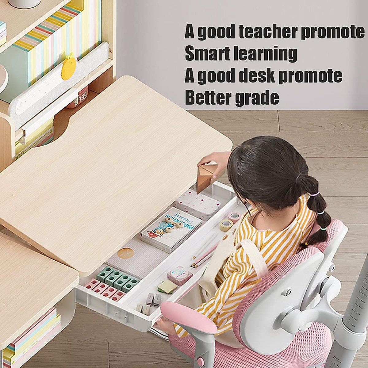 FCD Wood Adjustable Height Ergonomic Kids Study Desk Drafting Table Computer Station Built-in Bookshelf Hutch Multi Function Desktop 43.3" Width (Blue)