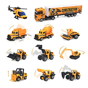 zoordo Construction Truck Toys Sets,11 in 1 Mini Die-Cast Truck Vehicle Car Toy in Carrier Truck,Gifts for 3 + Years Old Kids Boys Girls