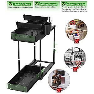 Mastom Under Sink Organizer, 2 Tier Sliding Cabinet Organizer Drawer, Adjustable Height Pull Out Cabinet Organizer with Hooks, Hanging Cup, Dividers, Under Sink Storage for Kitchen Bathroom, Black
