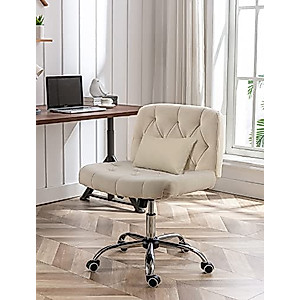 iMenting Wide Seat Armless Rolling Desk Chair Modern Tufted Adjustable Swivel Fabric Home Office Adjustable Swivel Chair with Wheels No Arms (Beige)