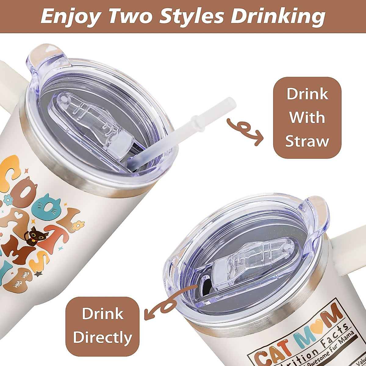 qoepfnsh 40 oz Cat Mama Tumbler with Handle and Straw, Stainless Steel Insulated Cat Travel Coffee Mug Cup Water Bottle, Cat Mama Themed Gifts Stuff for Women, Cat Lover Gifts for Women Girls