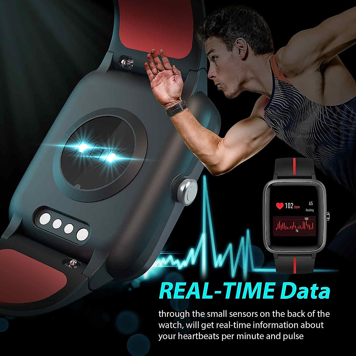 Smart Watch, Built-in GPS Fitness Tracker with All-Day Heart Rate and Activity Tracking* Monitoring, Full Touch Screen Fitness Watch, 14 Sport Modes, 5ATM Waterproof Men and Women (Black + Red)