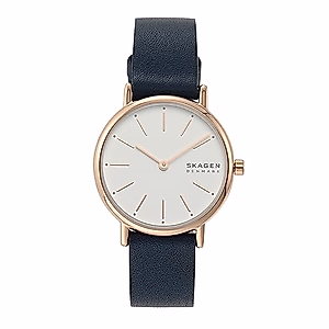 Skagen Women's Signatur Quartz Analog Stainless Steel and Leather Watch, Color: Blue/Rose Gold (Model: SKW2838)