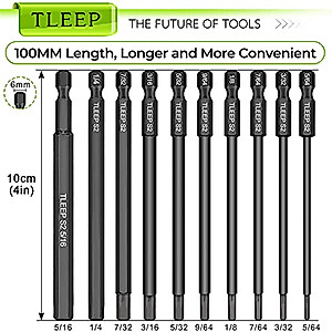 TLEEP 10 x Long 100MM 1/4 Inch Hex Head Allen Wrench Drill Bits, 5/16” to 5/64”, SAE, Magnetic Tips Screwdriver Socket Bit Set for Ikea Type Furniture (S2 Steel 5/16 inch to 5/64 inch)