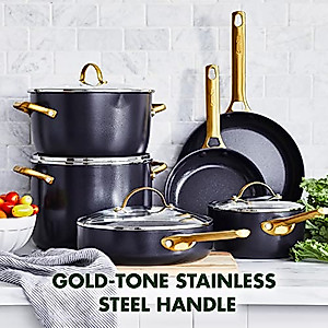 GreenPan Reserve Hard Anodized Healthy Ceramic Nonstick 10 Piece Cookware Pots and Pans Set, Gold Handle, PFAS-Free, Dishwasher Safe, Oven Safe, Black