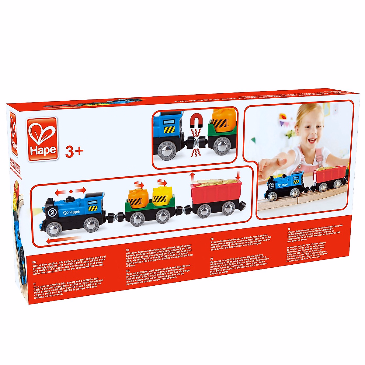 Hape Battery Powered Engine Set | Colorful Wooden Train Set, Battery Operated Locomotive with Working Lamp