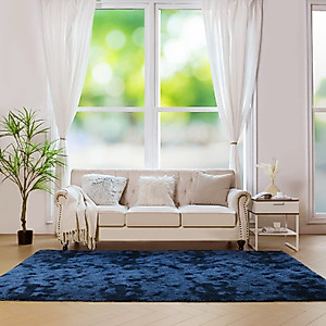 duduta Navy Blue Soft Fluffy Rectangle Rug 3x5 ft, Tie-Dyed Shag Furry Plush Throw Rug for Bedroom Nursery Living Room Home Decor