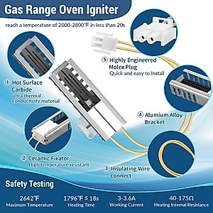 Dreyoo DG94-00520A Gas Range Oven Igniter Compatible with Samsung Gas Range Oven, Flat Oven Igniter with Connector Plug and Nuts, Replacement of 2692271 AP5577941 EAP4241428 PS4241428 (One Ear)