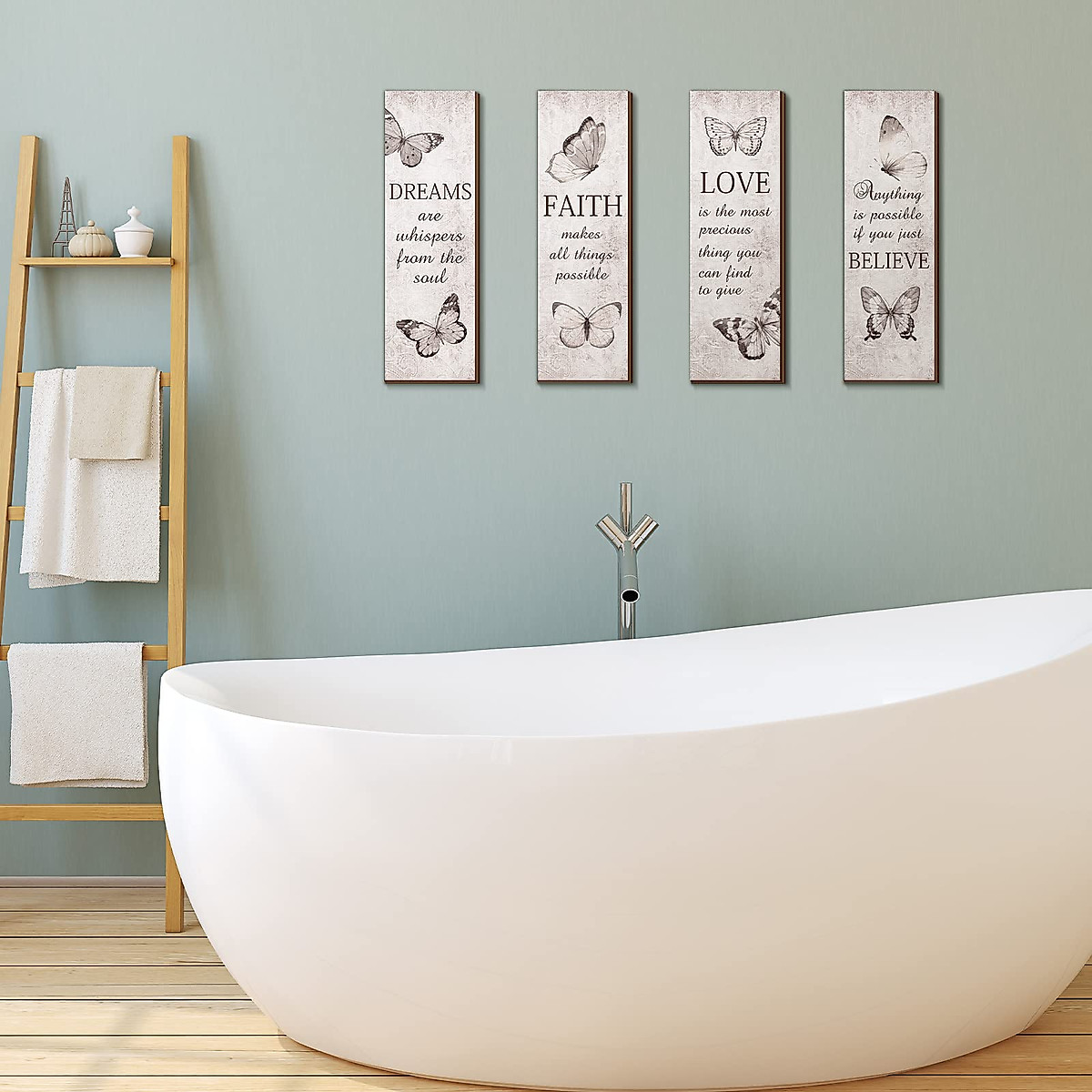 Qunclay 4 Pcs Butterfly Inspirational Quote Wooden Sign Love Faith Believe Dream Wall Decor Wood Flower Room Rustic Encouragement Signs for Home Decor Wall Bathroom(11 x 4 Inch)