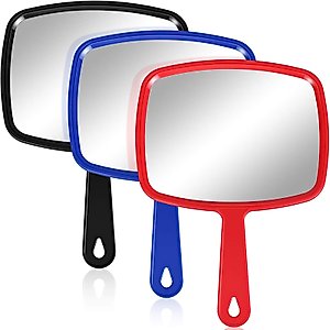 Jetec 3 Pieces Hand Handheld Cosmetic Mirrors with Handle, Portable Vanity Mirrors for Travel, Home, and Salon Use(9.17 x 6.53 Inch,Red, Black, Blue)