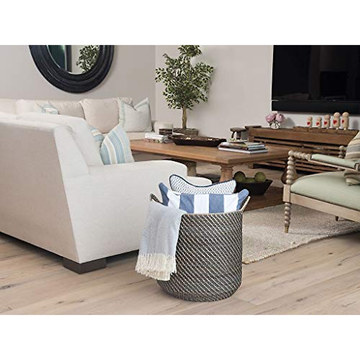 Kouboo Laguna Round Ear Handles, Black-Wash Rattan Storage Basket