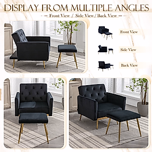 KINFFICT Velvet Accent Sofa Chair with Ottoman, Upholstered Comfy Lounge Armchair with Adjustable Armrests and Backrest, Living Room Single Recliner with Tufted Button Back, Black