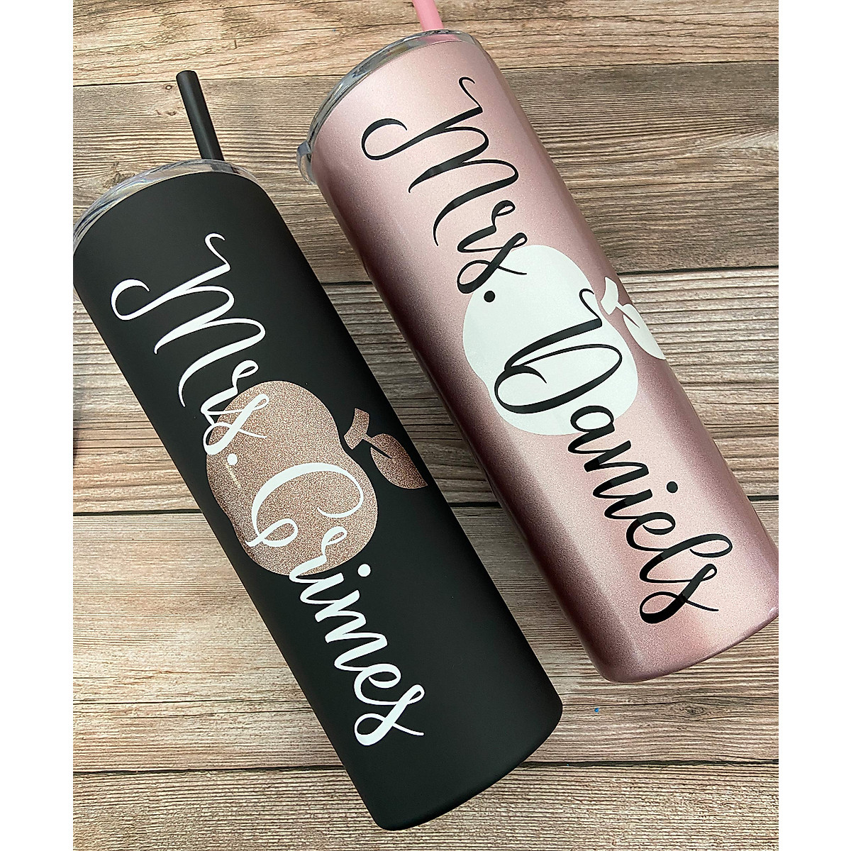 Glitter Apple Teacher's Personalized 20 oz Stainless Steel Skinny Tumbler with Custom Vinyl Decal by Avito - Includes Straw and Lid - Back to School Teacher's Gift, Best Teacher Ever