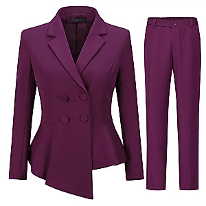 YUNCLOS Women's Double Breasted 2 Piece Suit Set 2 Button Blazer Jacket and Pants Burgundy