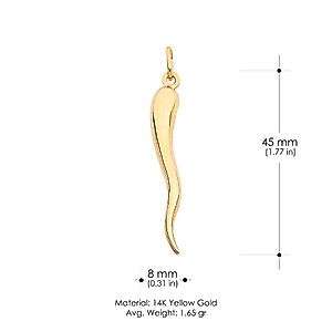 Ioka - 14K Yellow Gold Cornicello Italian Horn 45MM Charm Large Size Good Luck Pendant For Necklace or Chain