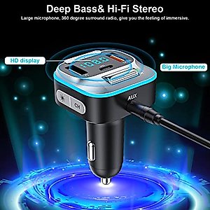 Bluetooth Adapter Car, 2023 Stronger Hi-Fi Bass Sound, Wireless Bluetooth FM Radio Adapter, Handsfree Call,30W PD&QC3.0 Fast Charging, 7 Colors LED, Support AUX Output and U Disk Bluetooth Transmitter